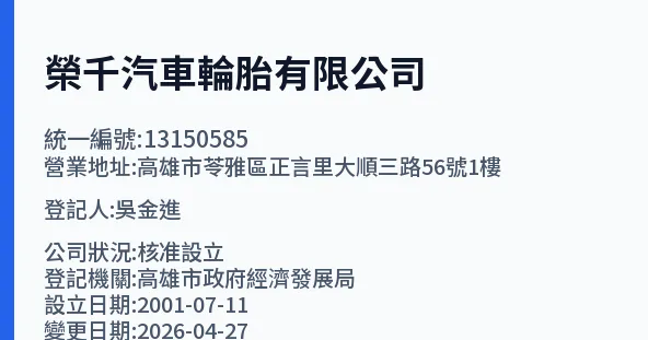 榮千汽車輪胎有限公司的照片-統編 13150585(高雄市) 公司登記資料與營業項目詳細圖表