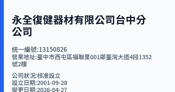 永全復健器材有限公司台中分公司的照片-統編 13150826(臺中市) 公司登記資料與營業項目詳細圖表