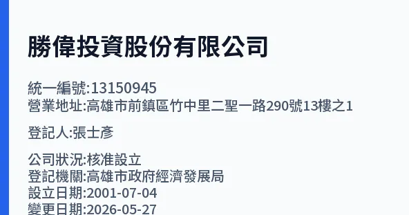 勝偉投資股份有限公司的照片-統編 13150945(高雄市) 公司登記資料與營業項目詳細圖表