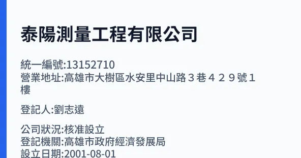 泰陽測量工程有限公司的照片-統編 13152710(高雄市) 公司登記資料與營業項目詳細圖表