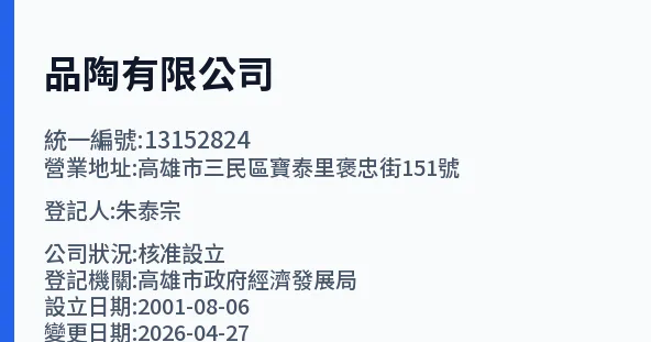 品陶有限公司的照片-統編 13152824(高雄市) 公司登記資料與營業項目詳細圖表