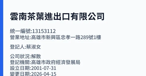 雲南茶葉進出口有限公司的照片-統編 13153112(高雄市) 公司登記資料與營業項目詳細圖表