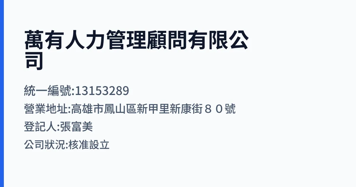 萬有人力管理顧問有限公司 - 統編 13153289(高雄市) 公司登記資料與營業項目詳細圖表