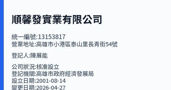 順馨發實業有限公司的照片-統編 13153817(高雄市) 公司登記資料與營業項目詳細圖表