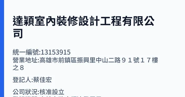 達穎室內裝修設計工程有限公司的照片-統編 13153915(高雄市) 公司登記資料與營業項目詳細圖表