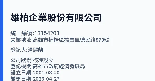 雄柏企業股份有限公司的照片-統編 13154203(高雄市) 公司登記資料與營業項目詳細圖表