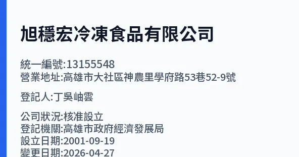 旭穩宏冷凍食品有限公司的照片-統編 13155548(高雄市) 公司登記資料與營業項目詳細圖表