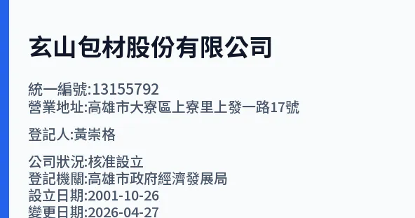 玄山包材股份有限公司的照片-統編 13155792(高雄市) 公司登記資料與營業項目詳細圖表
