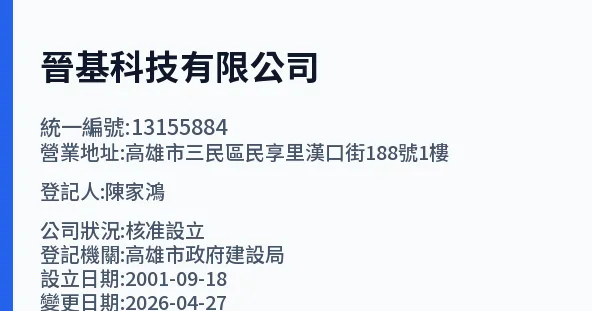晉基科技有限公司的照片-統編 13155884(高雄市) 公司登記資料與營業項目詳細圖表