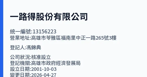 一路得股份有限公司的照片-統編 13156223(高雄市) 公司登記資料與營業項目詳細圖表