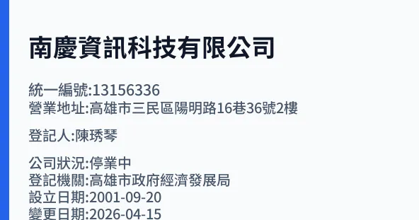 南慶資訊科技有限公司的照片-統編 13156336(高雄市) 公司登記資料與營業項目詳細圖表