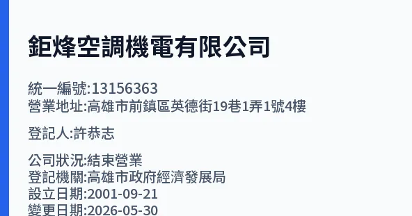 鉅烽空調機電有限公司的照片-統編 13156363(高雄市) 公司登記資料與營業項目詳細圖表