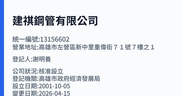 建祺鋼管有限公司的照片-統編 13156602(高雄市) 公司登記資料與營業項目詳細圖表