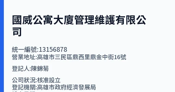 國威公寓大廈管理維護有限公司的照片-統編 13156878(高雄市) 公司登記資料與營業項目詳細圖表