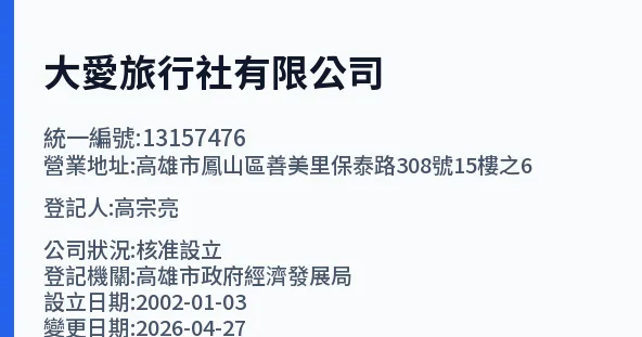 大愛旅行社有限公司的照片-統編 13157476(高雄市) 公司登記資料與營業項目詳細圖表