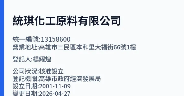 統琪化工原料有限公司的照片-統編 13158600(高雄市) 公司登記資料與營業項目詳細圖表