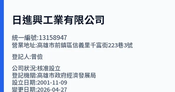 日進興工業有限公司的照片-統編 13158947(高雄市) 公司登記資料與營業項目詳細圖表