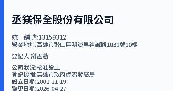 丞鎂保全股份有限公司的照片-統編 13159312(高雄市) 公司登記資料與營業項目詳細圖表