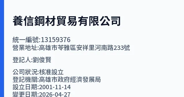 養信鋼材貿易有限公司的照片-統編 13159376(高雄市) 公司登記資料與營業項目詳細圖表