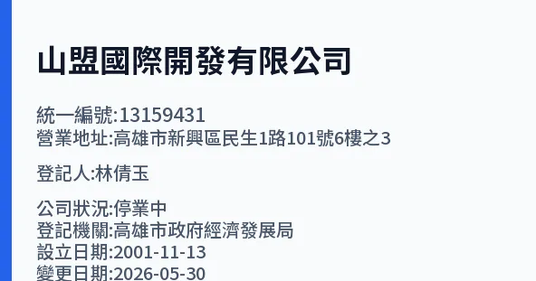 山盟國際開發有限公司的照片-統編 13159431(高雄市) 公司登記資料與營業項目詳細圖表