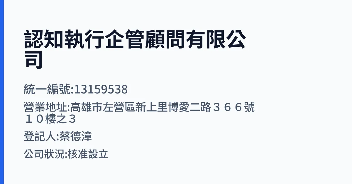 認知執行企管顧問有限公司 - 統編 13159538(高雄市) 公司登記資料與營業項目詳細圖表
