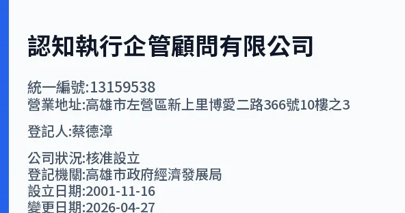 認知執行企管顧問有限公司的照片-統編 13159538(高雄市) 公司登記資料與營業項目詳細圖表
