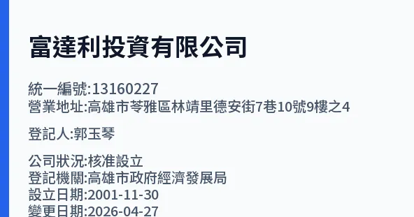 富達利投資有限公司的照片-統編 13160227(高雄市) 公司登記資料與營業項目詳細圖表