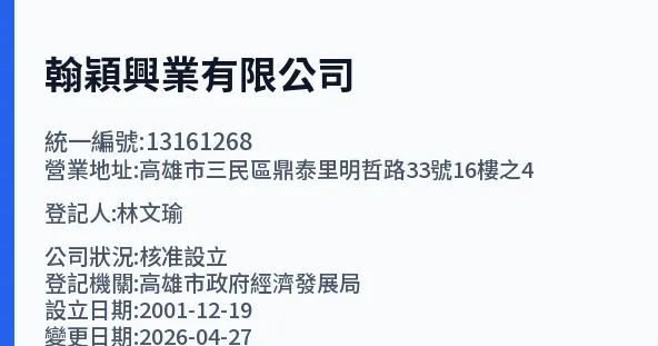 翰穎興業有限公司的照片-統編 13161268(高雄市) 公司登記資料與營業項目詳細圖表