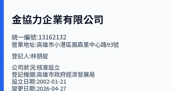 金協力企業有限公司的照片-統編 13162132(高雄市) 公司登記資料與營業項目詳細圖表