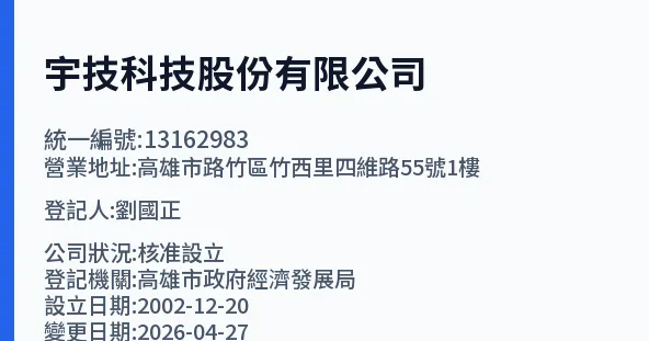 宇技科技股份有限公司的照片-統編 13162983(高雄市) 公司登記資料與營業項目詳細圖表