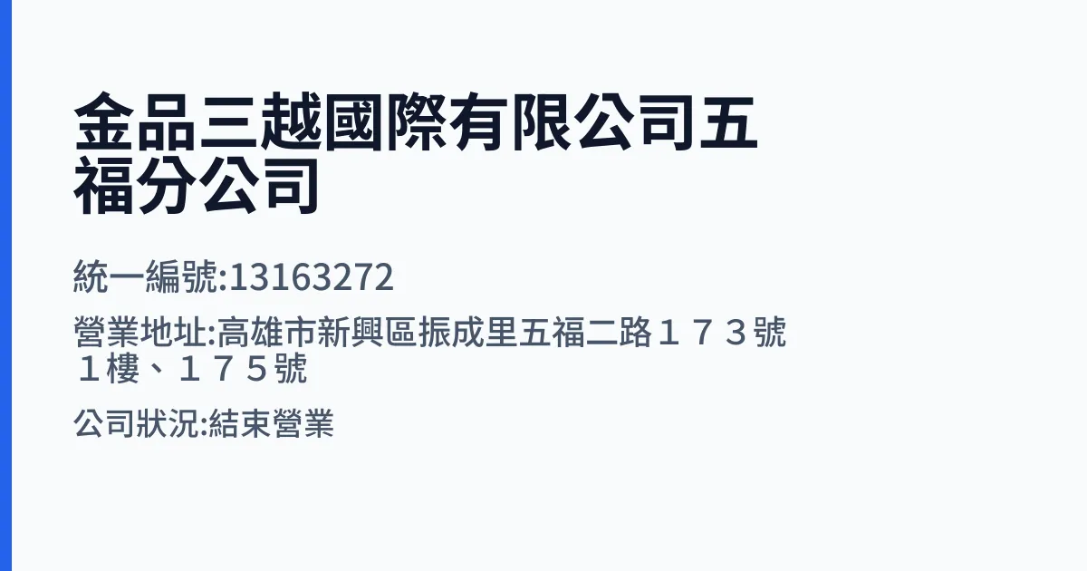 金品三越國際有限公司五福分公司 - 統編 13163272(高雄市) 公司登記資料與營業項目詳細圖表