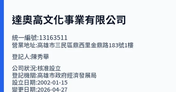 達奧高文化事業有限公司的照片-統編 13163511(高雄市) 公司登記資料與營業項目詳細圖表