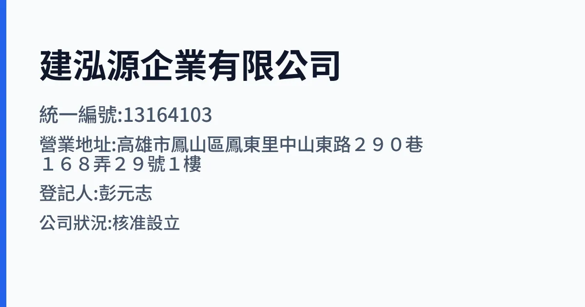 建泓源企業有限公司 - 統編 13164103(高雄市) 公司登記資料與營業項目詳細圖表