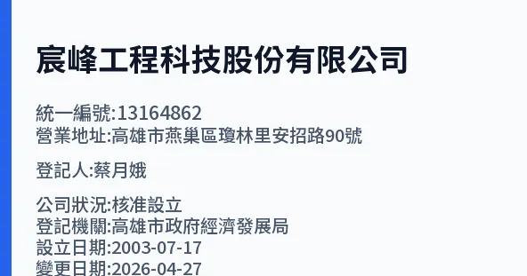 宸峰工程科技股份有限公司的照片-統編 13164862(高雄市) 公司登記資料與營業項目詳細圖表