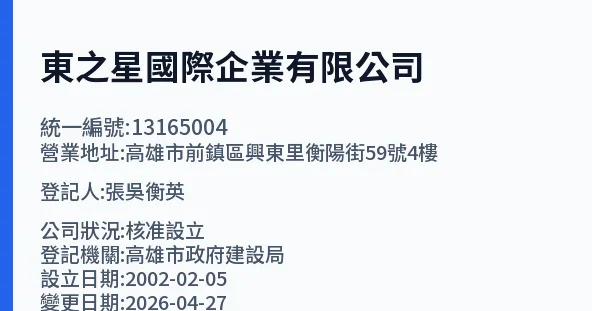 東之星國際企業有限公司的照片-統編 13165004(高雄市) 公司登記資料與營業項目詳細圖表