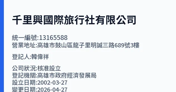 千里興國際旅行社有限公司的照片-統編 13165588(高雄市) 公司登記資料與營業項目詳細圖表
