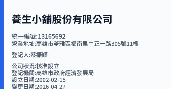 養生小舖股份有限公司的照片-統編 13165692(高雄市) 公司登記資料與營業項目詳細圖表