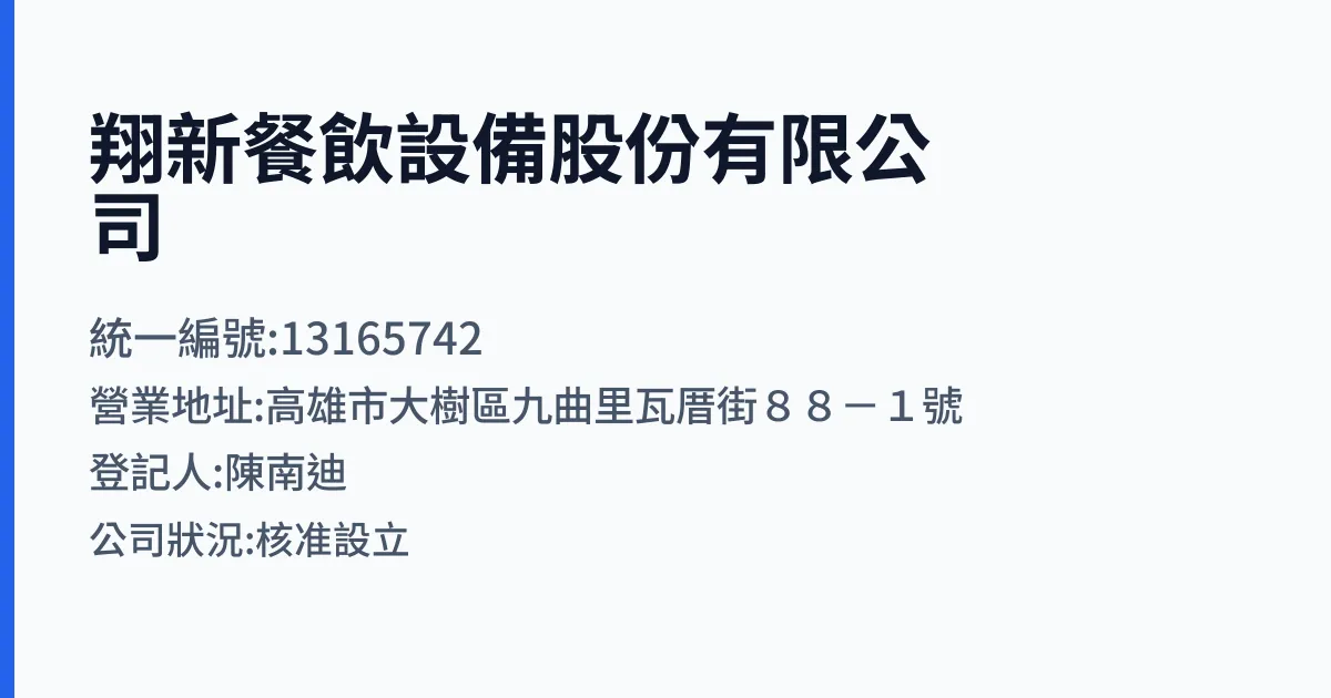 翔新餐飲設備股份有限公司 - 統編 13165742(高雄市) 公司登記資料與營業項目詳細圖表
