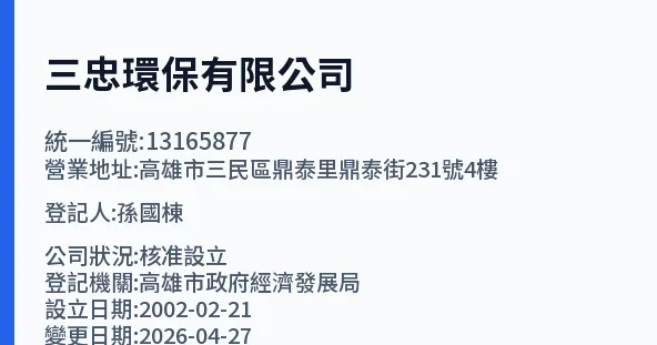 三忠環保有限公司的照片-統編 13165877(高雄市) 公司登記資料與營業項目詳細圖表