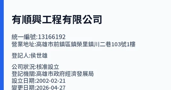 有順興工程有限公司的照片-統編 13166192(高雄市) 公司登記資料與營業項目詳細圖表