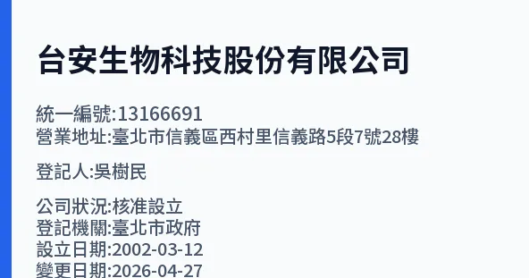 台安生物科技股份有限公司的照片-統編 13166691(臺北市) 公司登記資料與營業項目詳細圖表