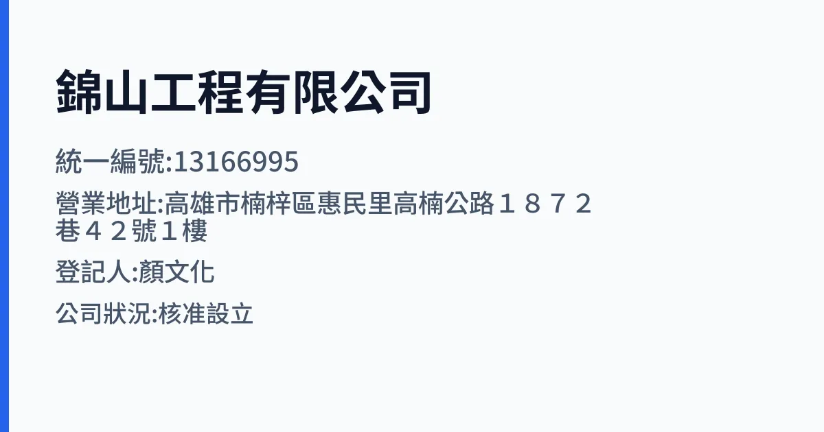 錦山工程有限公司 - 統編 13166995(高雄市) 公司登記資料與營業項目詳細圖表