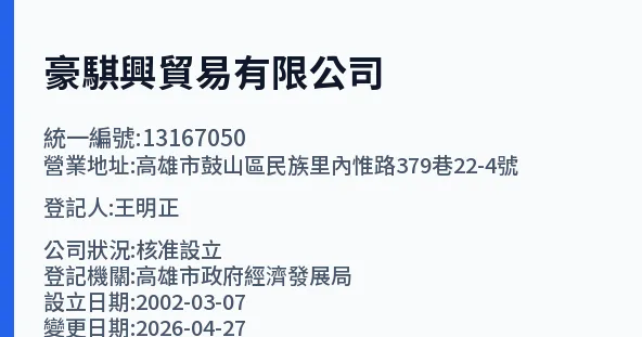 豪騏興貿易有限公司的照片-統編 13167050(高雄市) 公司登記資料與營業項目詳細圖表