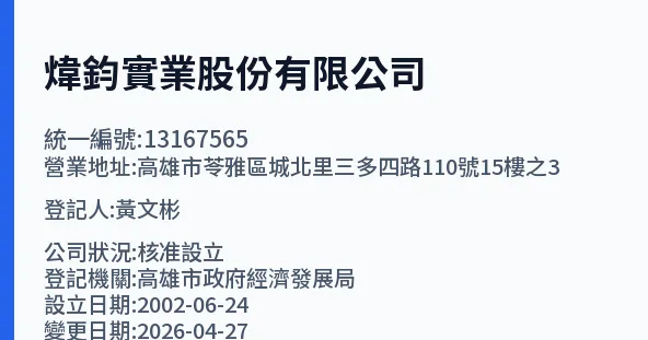 煒鈞實業股份有限公司的照片-統編 13167565(高雄市) 公司登記資料與營業項目詳細圖表