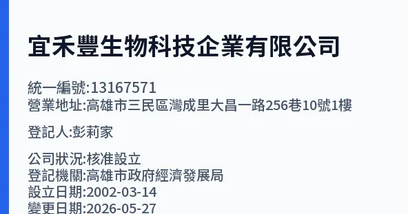 宜禾豐生物科技企業有限公司的照片-統編 13167571(高雄市) 公司登記資料與營業項目詳細圖表