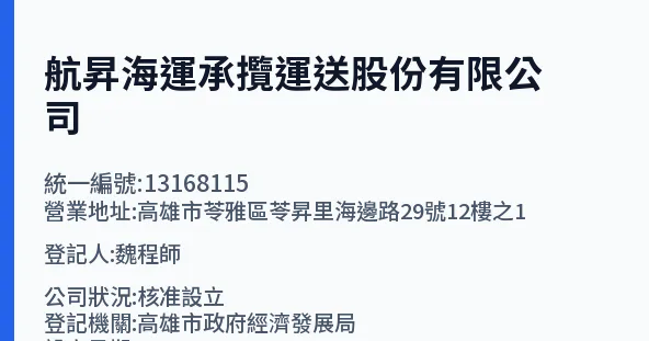 航昇海運承攬運送股份有限公司的照片-統編 13168115(高雄市) 公司登記資料與營業項目詳細圖表