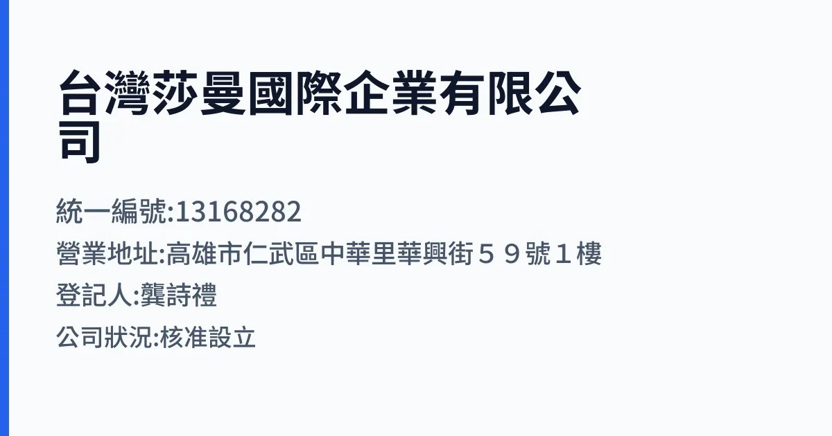 台灣莎曼國際企業有限公司 - 統編 13168282(高雄市) 公司登記資料與營業項目詳細圖表