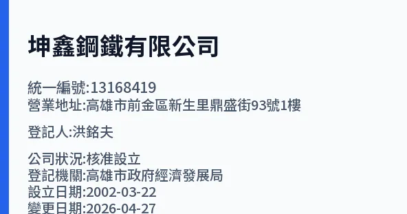 坤鑫鋼鐵有限公司的照片-統編 13168419(高雄市) 公司登記資料與營業項目詳細圖表