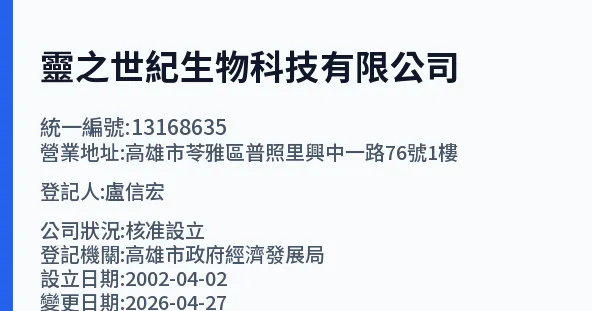 靈之世紀生物科技有限公司的照片-統編 13168635(高雄市) 公司登記資料與營業項目詳細圖表