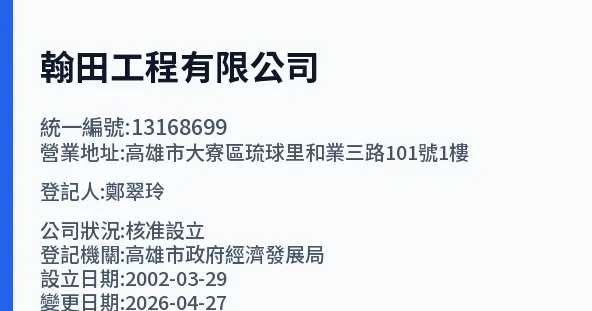 翰田工程有限公司的照片-統編 13168699(高雄市) 公司登記資料與營業項目詳細圖表